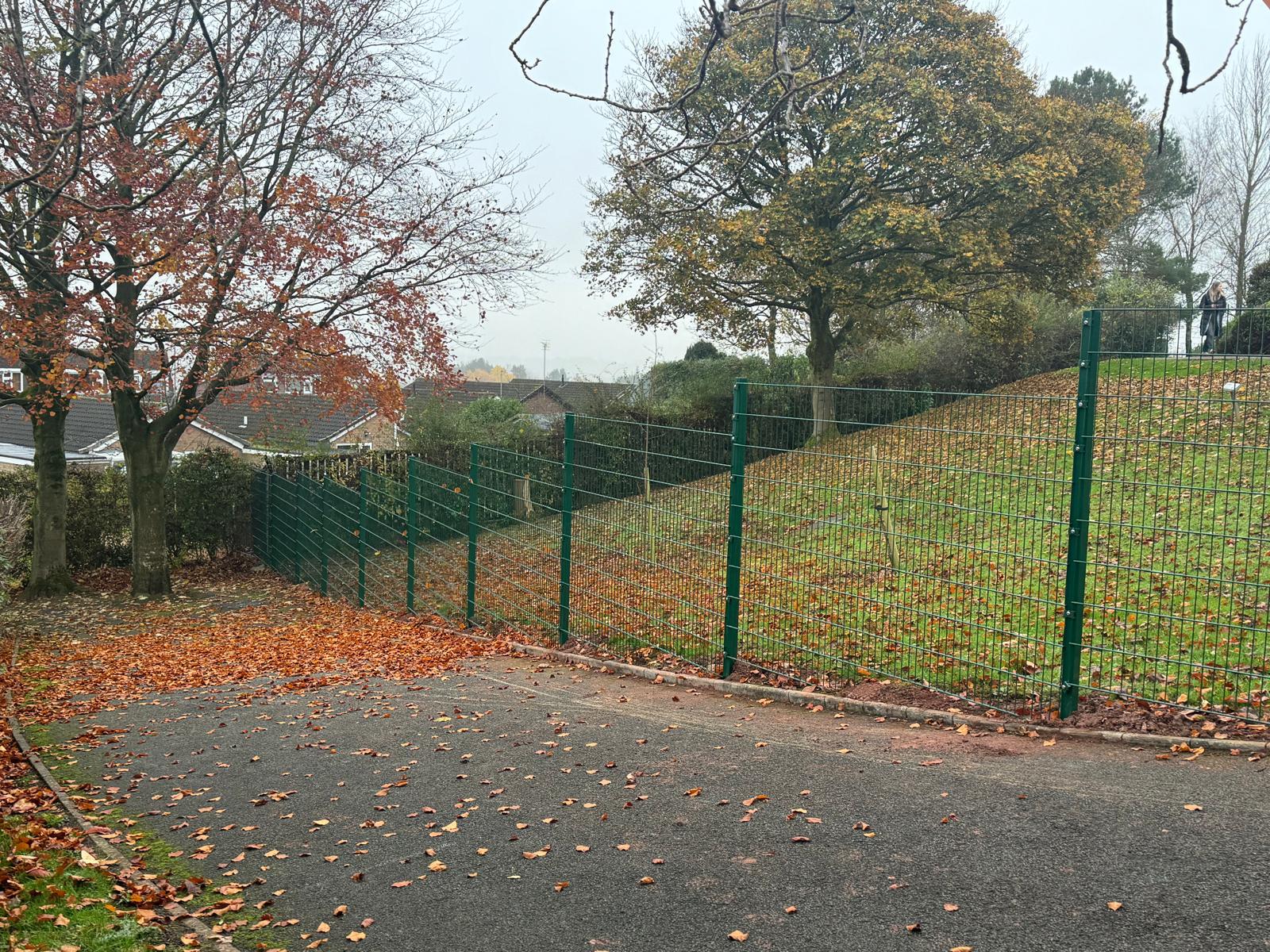 Green V Mesh Fencing and Matching Gates at Woodpark Primary School, Le